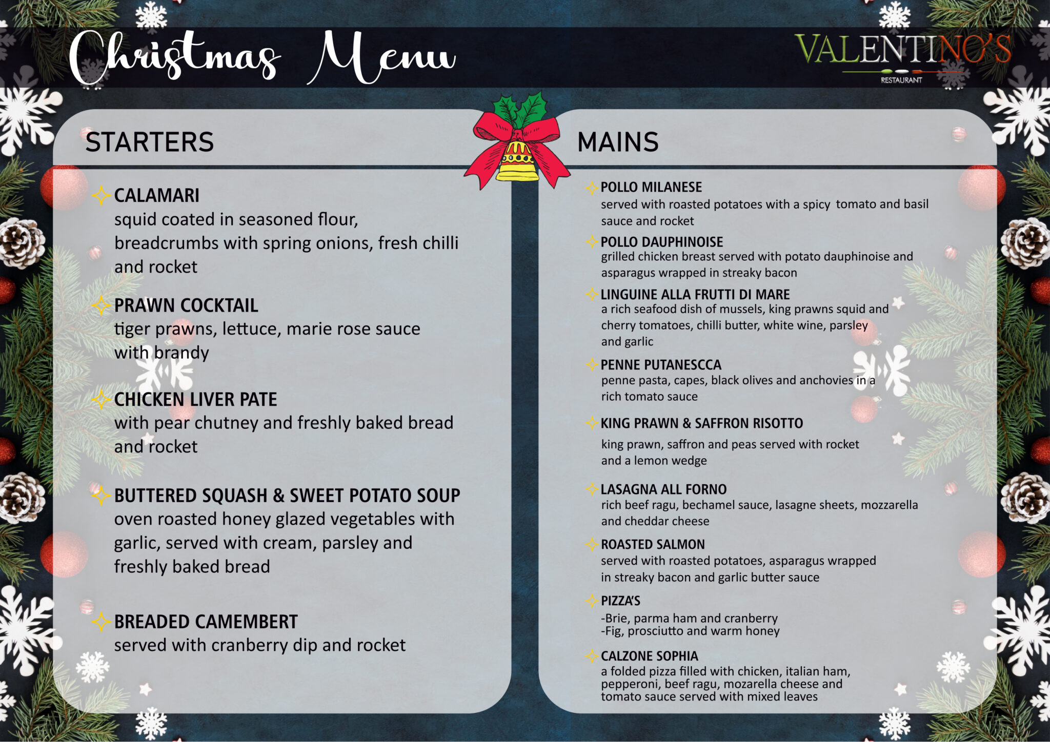 Valentino's Restaurant Menu - No30 Valentino's Restaurant